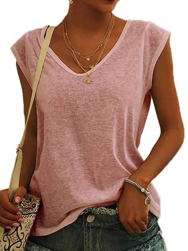 V Neck Solid Color Casual Loose Sleeveless T Shirt