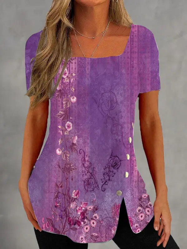 Casual Loose Floral Print Short Sleeve T Shirt