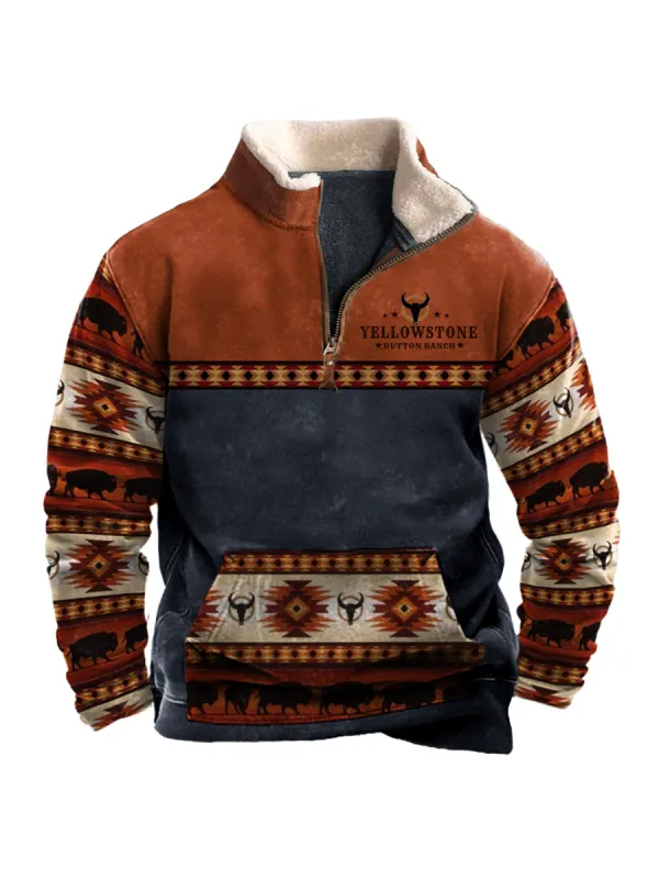 Mens Vintage Western Yellowstone Colorblock Zipper Stand Collar