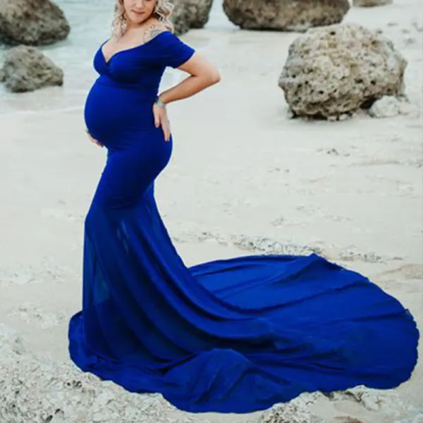 Maternity Sexy Pure Color V Neck Photoshoot Dress