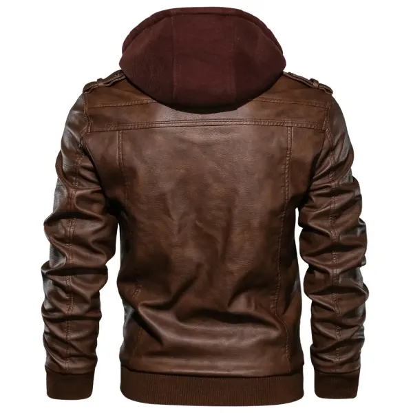 Men's Leather Hoodie Jacket Windproof Thick Warm Active Coat Full Zip