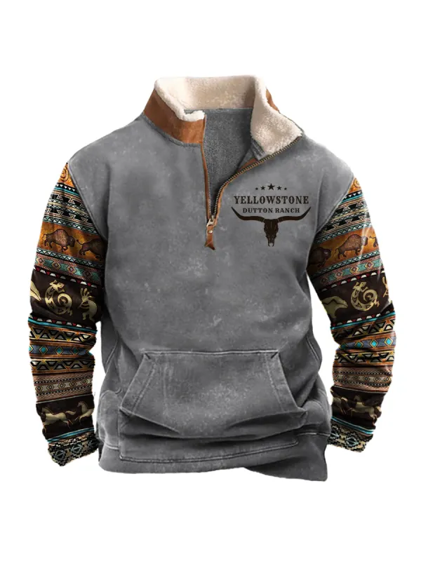Mens Vintage Western Yellowstone Colorblock Zipper Stand Collar