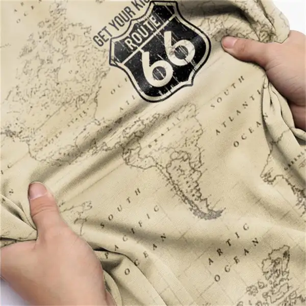 Men's Vintage World Map Route 66 Lace-Up Stand Collar T-Shirt - Cotosen.com