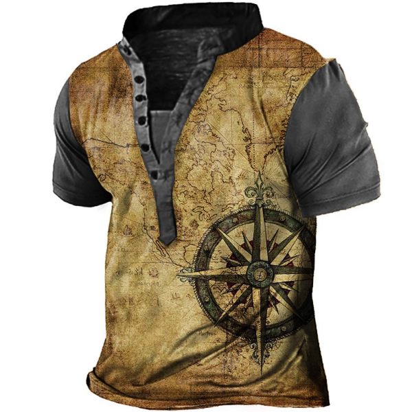 Men's Vintage World Map Compass Print Henley T-Shirt - Cotosen.com