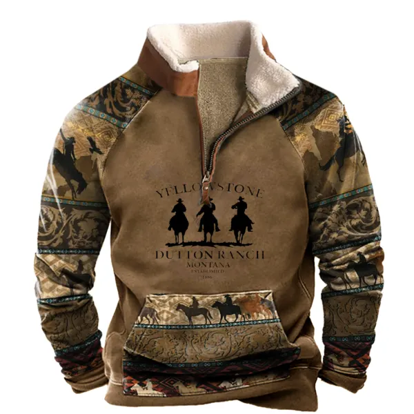 Mens Vintage Western Yellowstone Zipper Stand Collar Sweatshirt