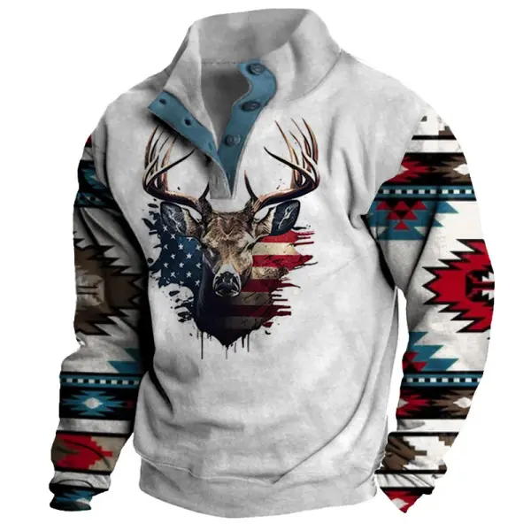 Men's Half Open Neck Sweatshirt Vintage American Deer Ethnic Print Only ...