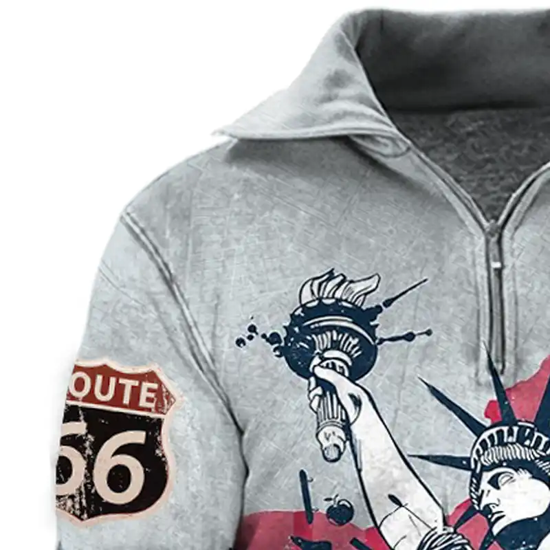 Men's Vintage Quarter Zip Collar Route 66 Lady Liberty Printed Sweatshirt