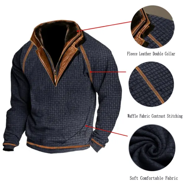 Mens Outdoor Casual Waffle Zip Polo Sweatshirt Double Layer Stand