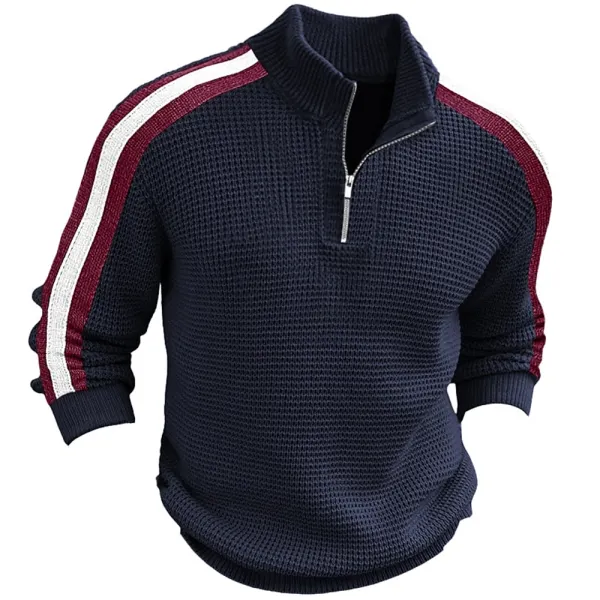 Mens Outdoor Casual Zipper Stand Collar Color Block Knitted Sweater