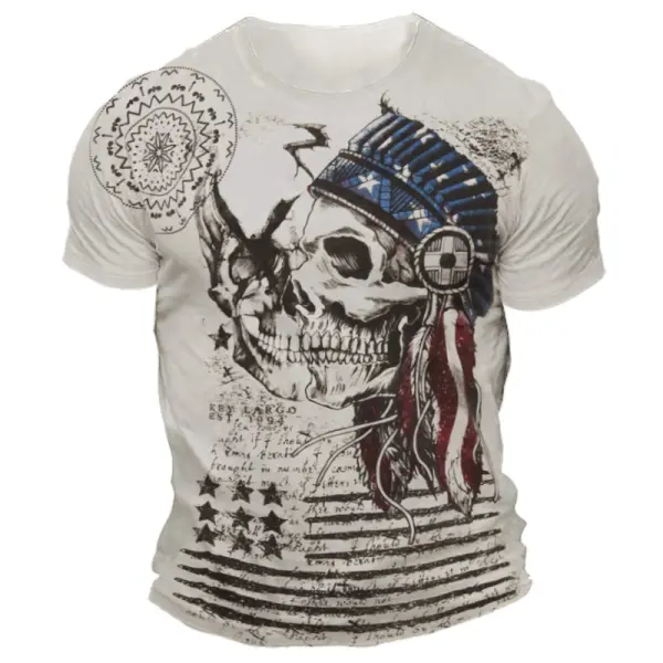 Men's Vintage Indian Skull Print Short Sleeve Crew Neck T-Shirt ...