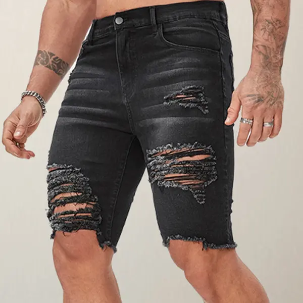 Men's Retro Washed Ripped Cropped Slim Denim Shorts Jorts - Cotosen.com
