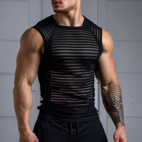 Men's See-through Striped Mesh Sleeveless Tank Top - Cotosen.com