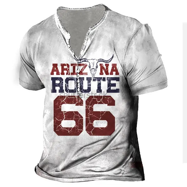 Men's Vintage American Arizona Route 66 Henley T-Shirt - Cotosen.com